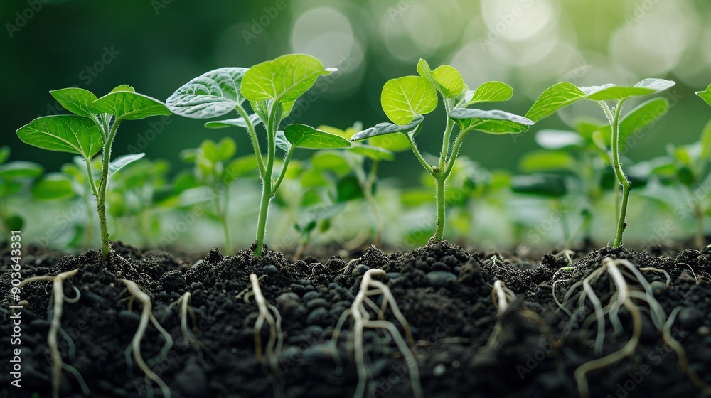 Healthy roots of green soybean plants embedded in soil, highlighting ...