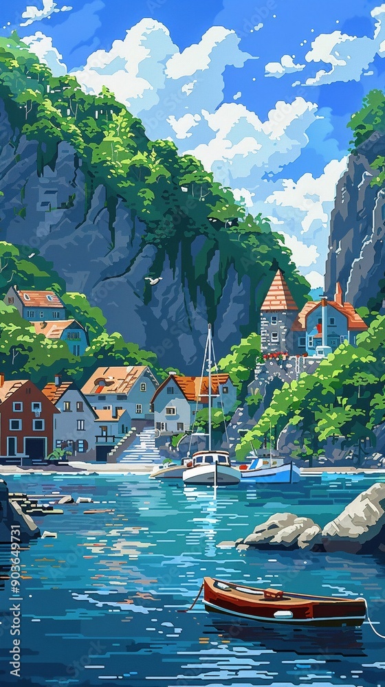 Pixel art coastal village, fishing boats, scenic harbor Stock ...