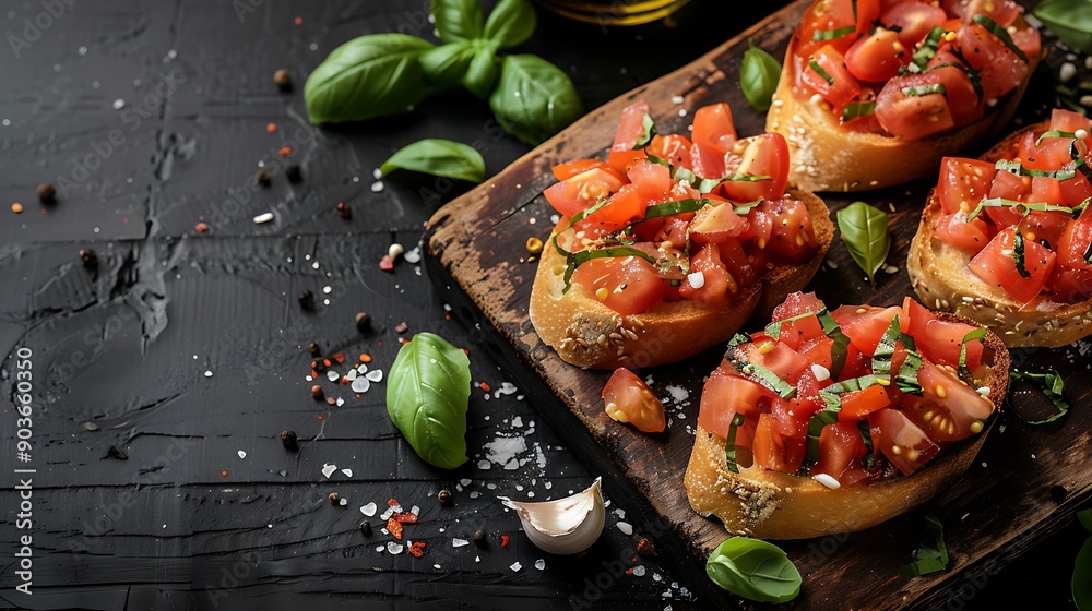 Delectable bruschetta with diced tomatoes, garlic, basil, and olive oil ...