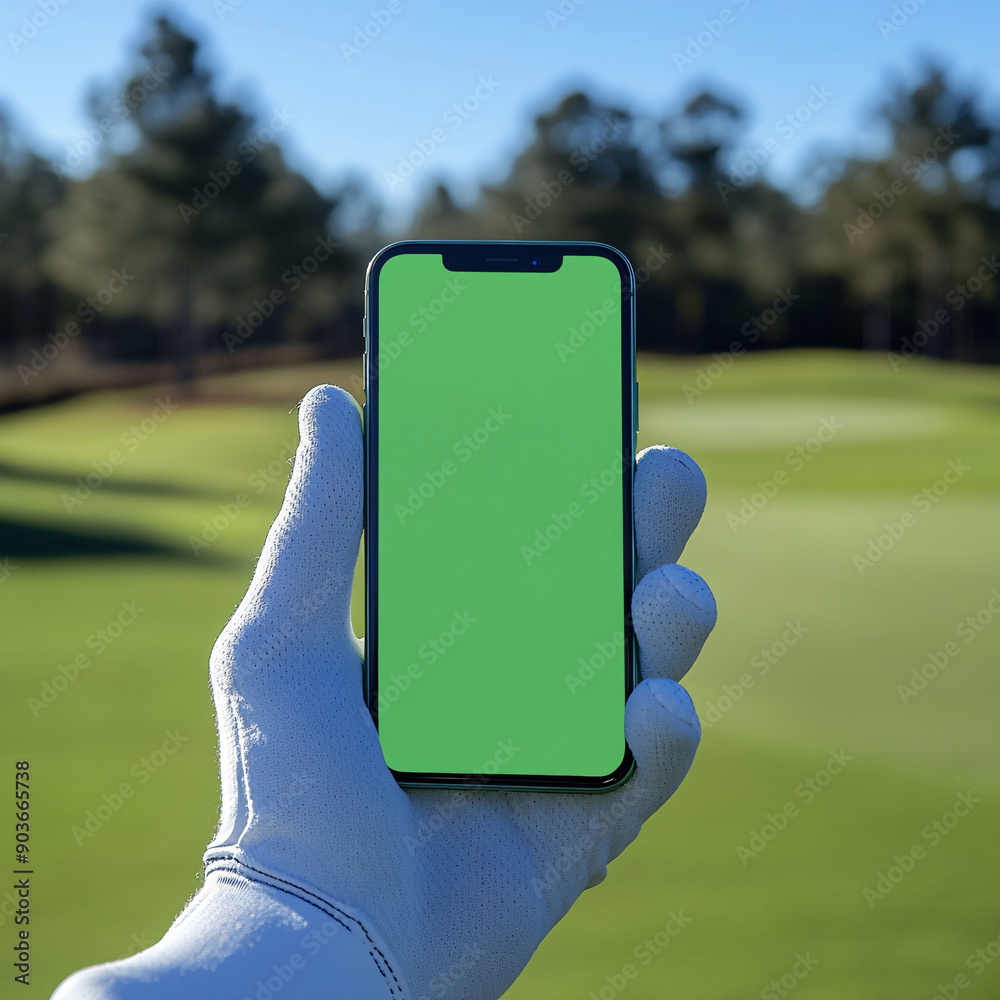person wearing golf glove holding a smartphone mockup with green screen ...