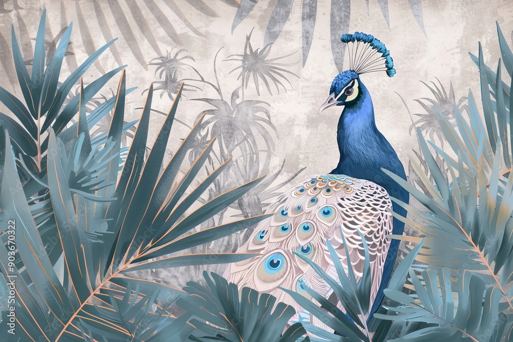 Graphic illustration of a peacocks and leaves. Design for interior ...
