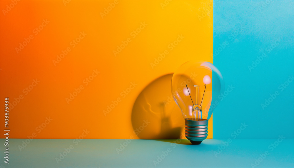 A clear light bulb sits against a vibrant orange and blue background ...