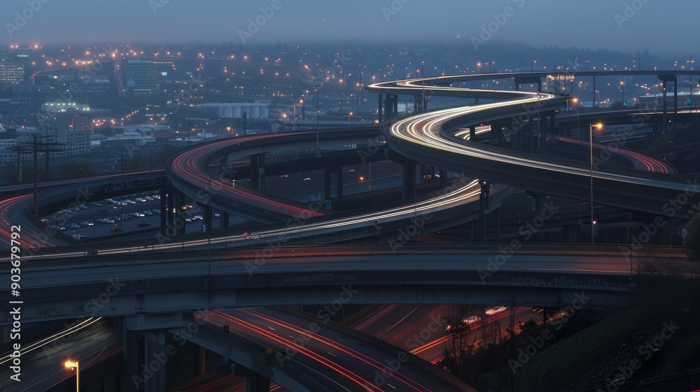 Cars traverse a complex highway overpass as twilight descends ...