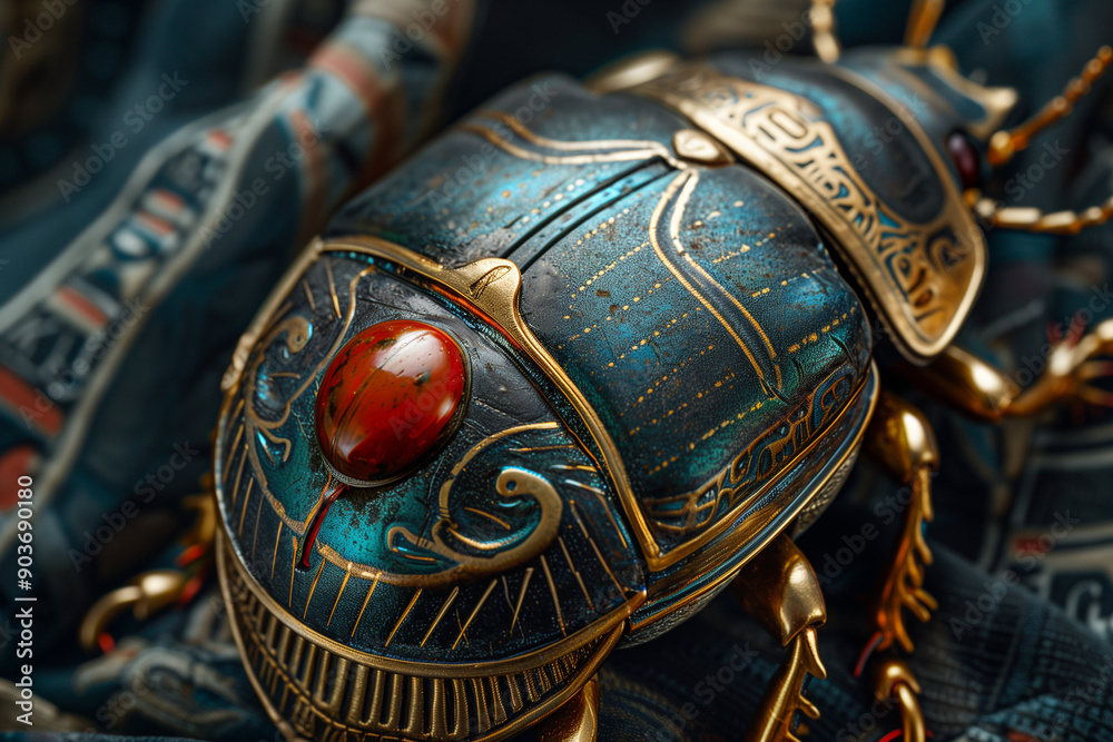 Close up photo of an Ancient Egyptian scarab beetle ornament on cloth ...