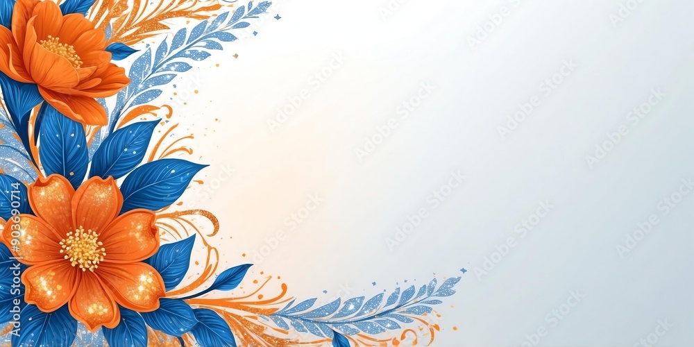 orange theme floral border with blue lining and white background Stock ...