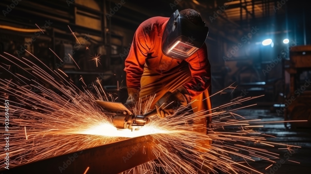 Industrial welder operating machinery for precision steel welding with ...