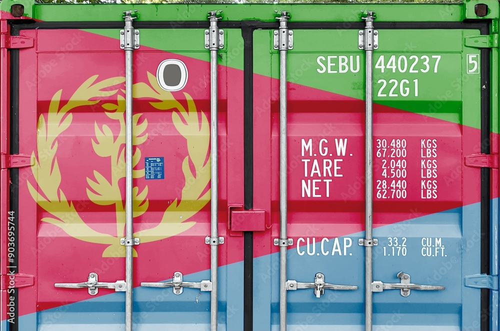 Eritrea flag depicted on metal doors of shipping cargo container ...