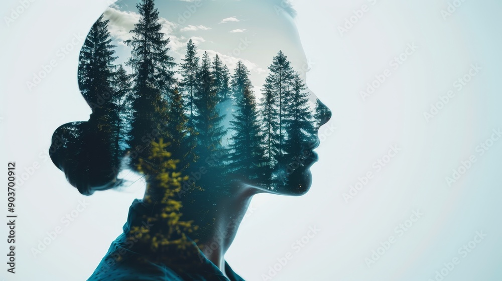 Double exposure of a teacher's profile with a nature landscape and ...