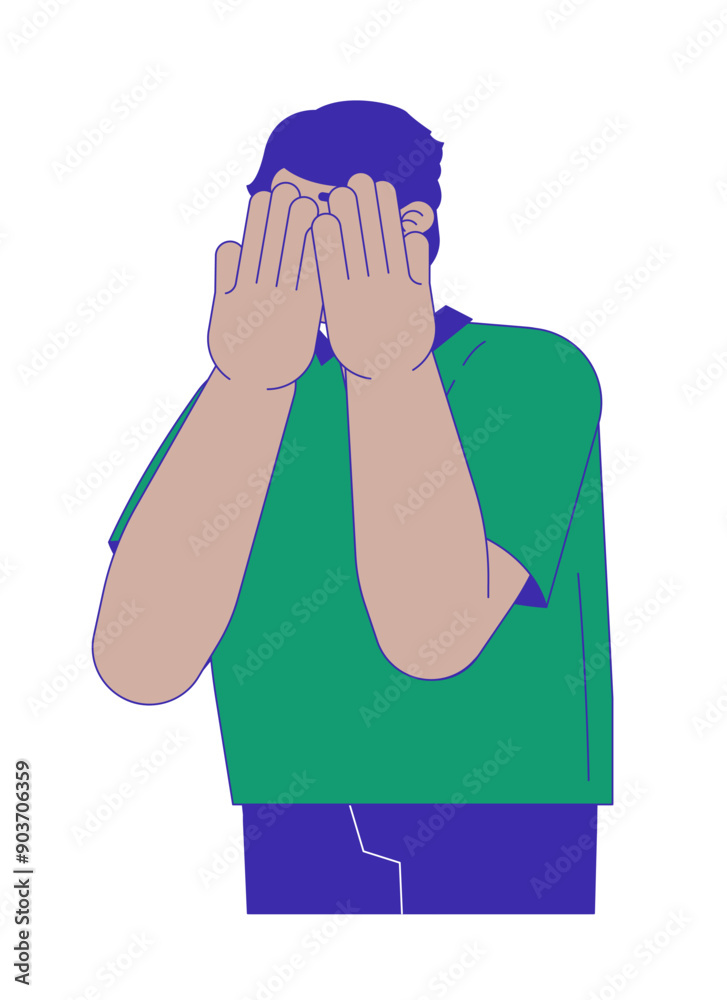 Arab man covering eyes depressed 2D cartoon character. Middle eastern ...