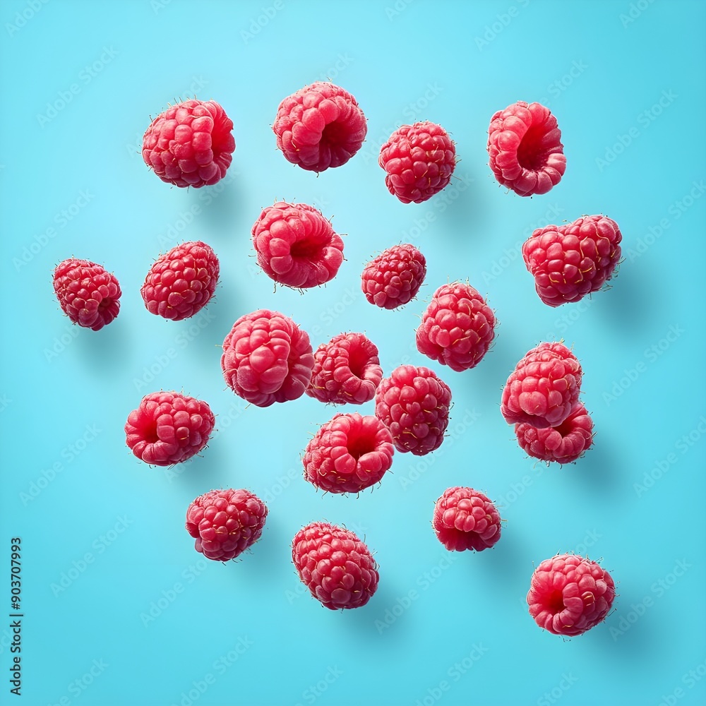 Raspberries falling scattering isolated on blue background, clipping ...