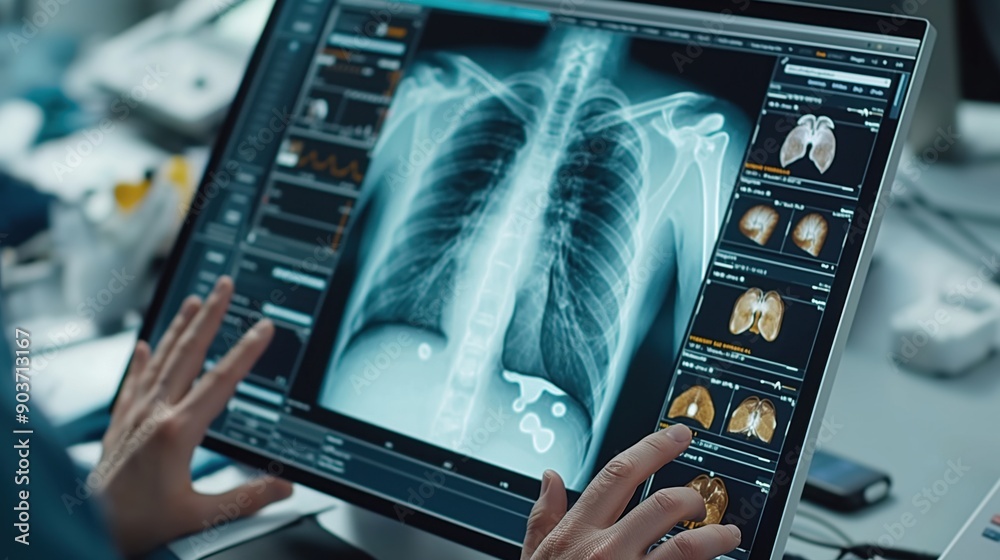 Person interacting with computer displaying medical imaging, including ...