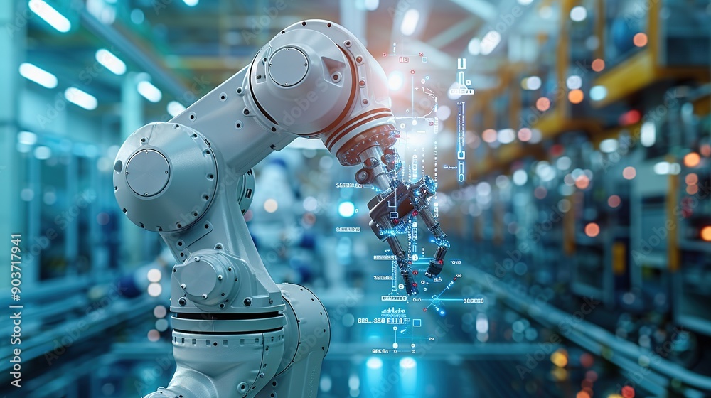 Precision Automation in Action: A robotic arm, enhanced by digital data ...