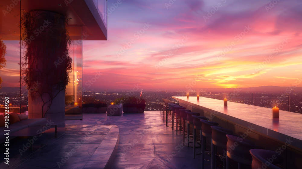 A modern cafe on the roof of a high-rise building with panoramic views ...