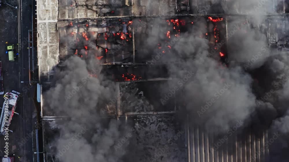 Total destruction of a factory by explosion: flames, smoke, and ...