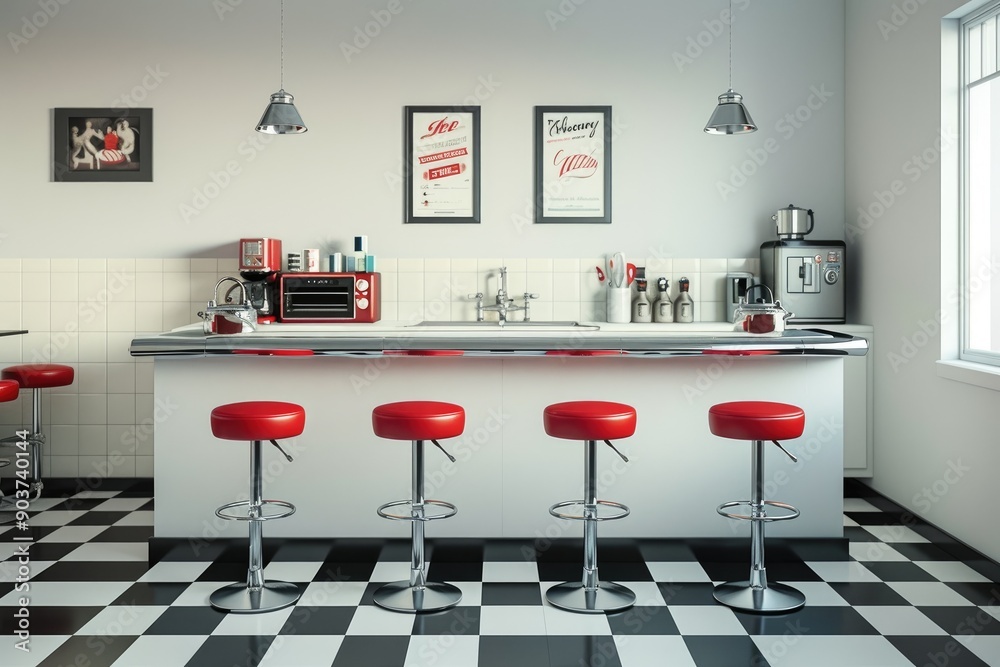 Retro 1950s Diner Kitchen with Red Vinyl Bar Stools and Chrome ...