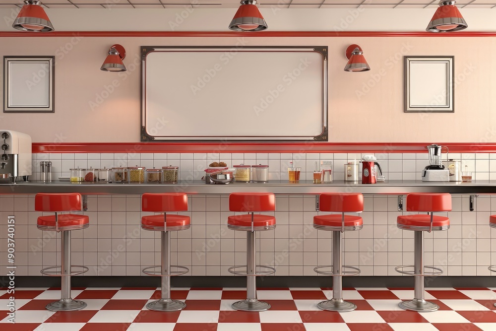 Retro 1950s Diner Kitchen with Red Vinyl Bar Stools and Checkered Floor ...