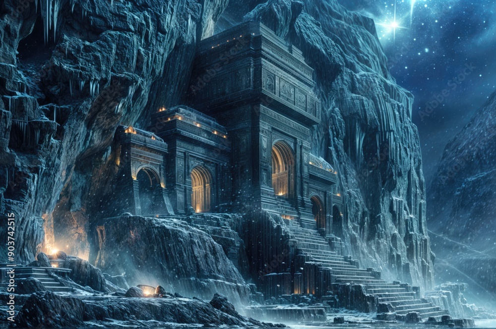 A breathtaking view of a futuristic alien structure carved into rock ...