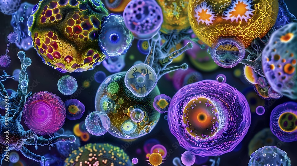 Brightly colored stem cells with intricate patterns under a microscope ...