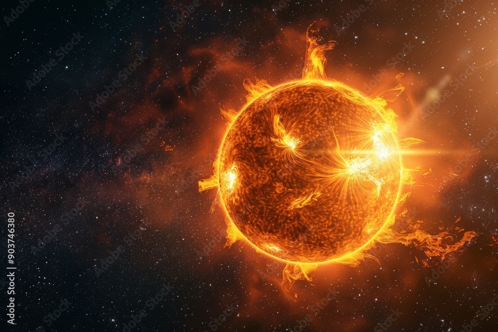 Powerful Sun in space close up. Burning star with plasma emissions in ...