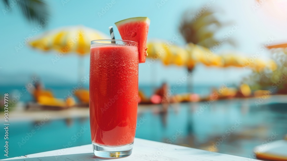 Glass of fresh watermelon smoothie juice drink on border of a swimming ...