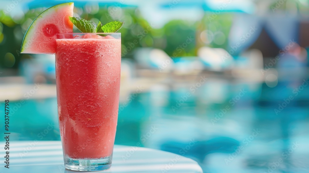 Glass of fresh watermelon smoothie juice drink on border of a swimming ...