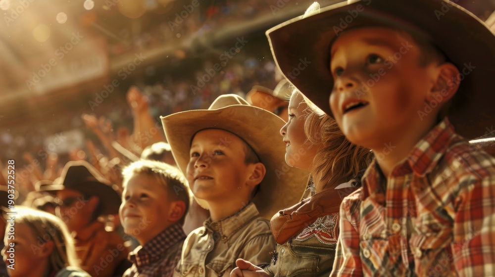 Excited children in cowboy hats watch a rodeo event in a vibrant arena ...