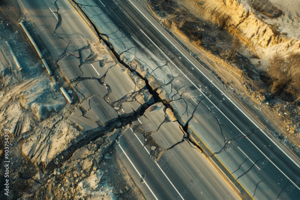 Damage highway collapses huge cracks. Asphalt road collapsed and fallen ...