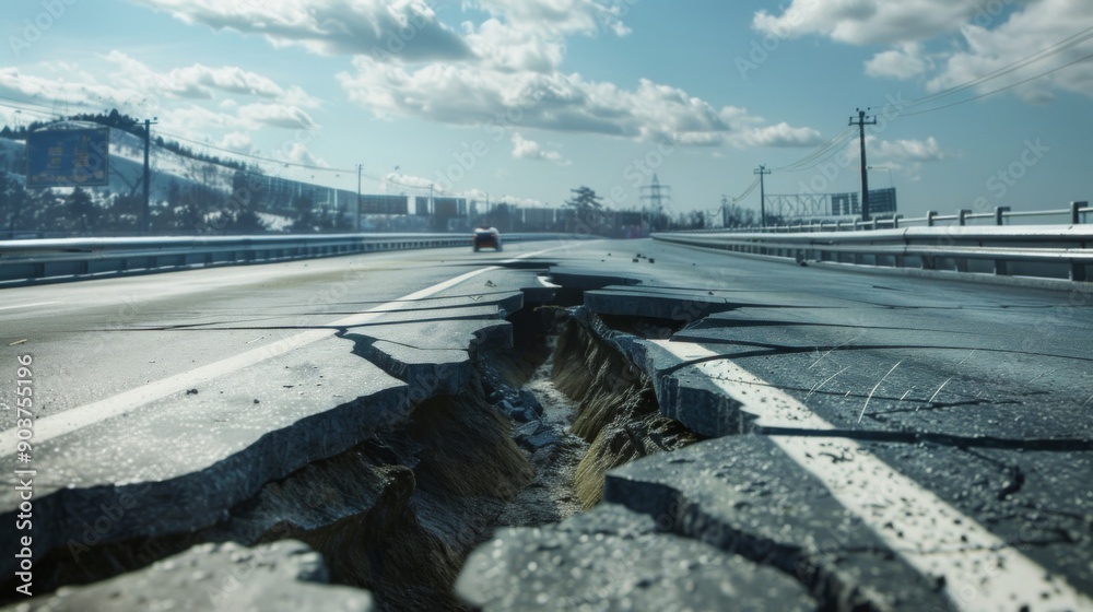 Damage highway collapses huge cracks. Asphalt road collapsed and fallen ...