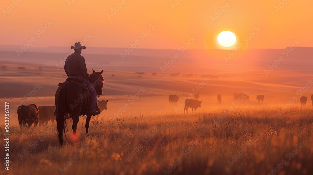 A cowboy on horseback guides a herd of cattle across open plains as the ...