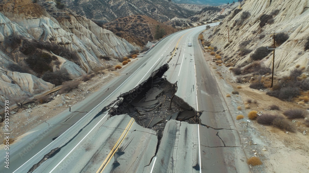 Damage highway collapses huge cracks. Asphalt road collapsed and fallen ...