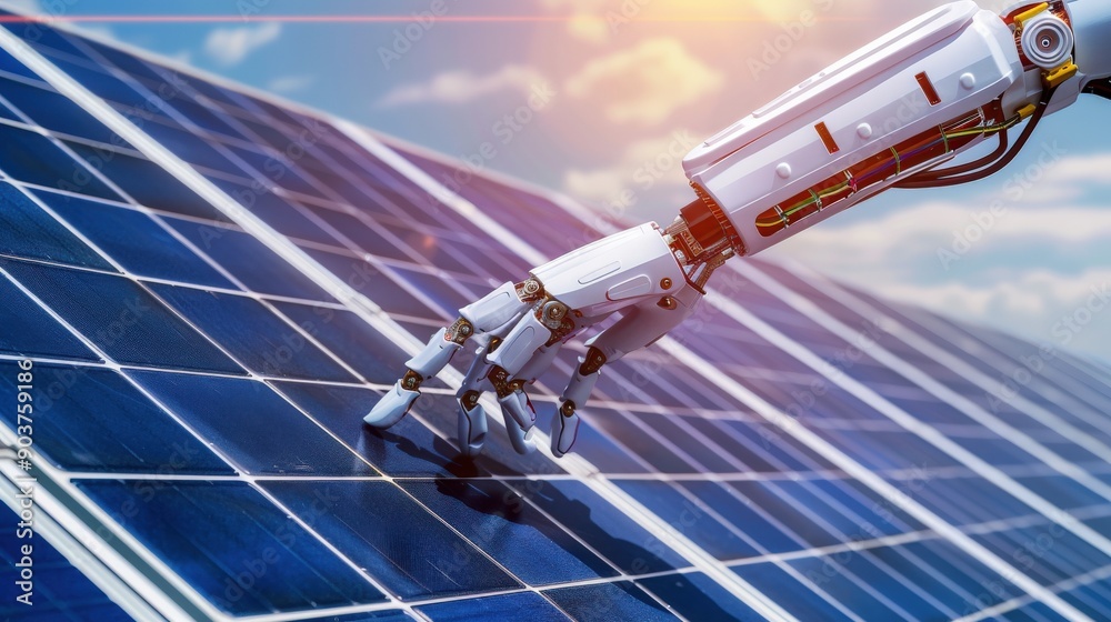 A robot arm is touching a solar panel. The robot is white and has a ...