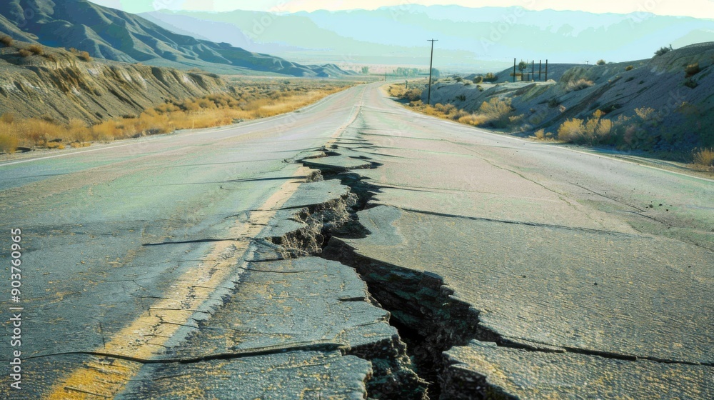 Damage highway collapses huge cracks. Asphalt road collapsed and fallen ...