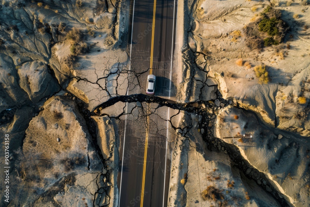 Damage highway collapses huge cracks. Asphalt road collapsed and fallen ...