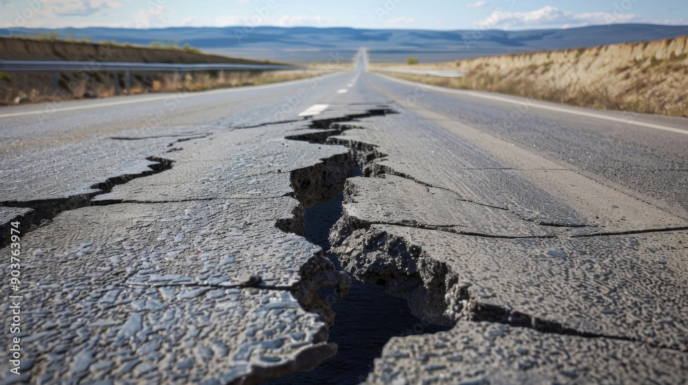 Damage highway collapses huge cracks. Asphalt road collapsed and fallen ...