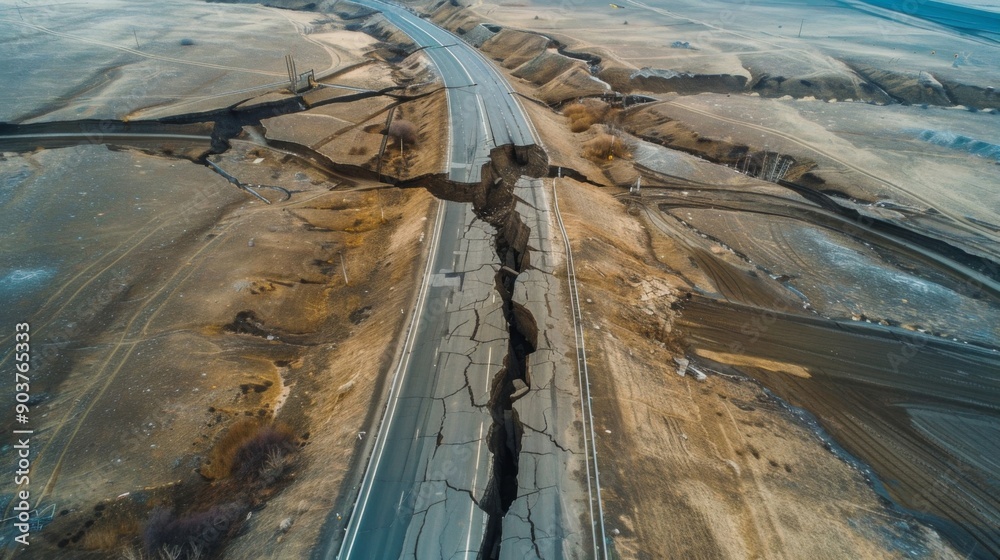 Damage highway collapses huge cracks. Asphalt road collapsed and fallen ...