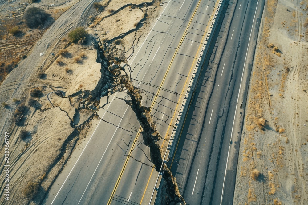 Damage highway collapses huge cracks. Asphalt road collapsed and fallen ...