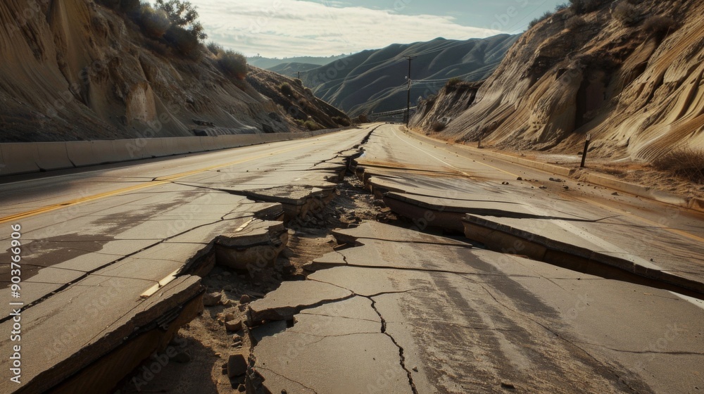 Damage highway collapses huge cracks. Asphalt road collapsed and fallen ...
