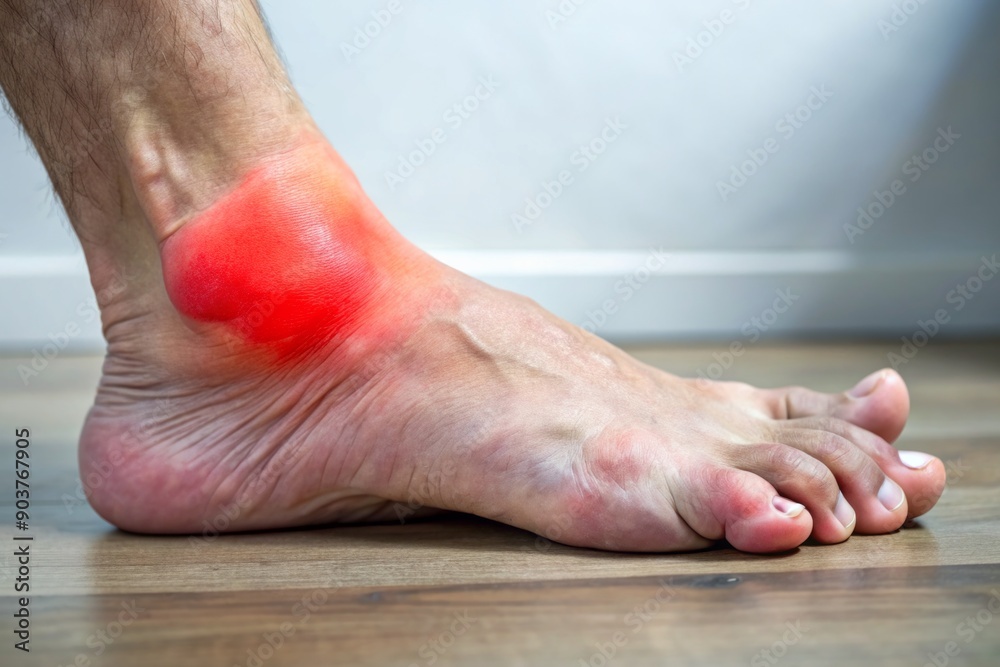 Close-up of a swollen and painful foot showing symptoms of plantar ...