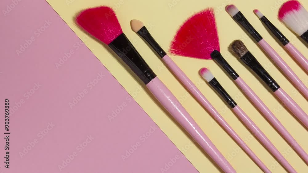 Stop motion animation with set of pink paint brushes on a pastel pink ...