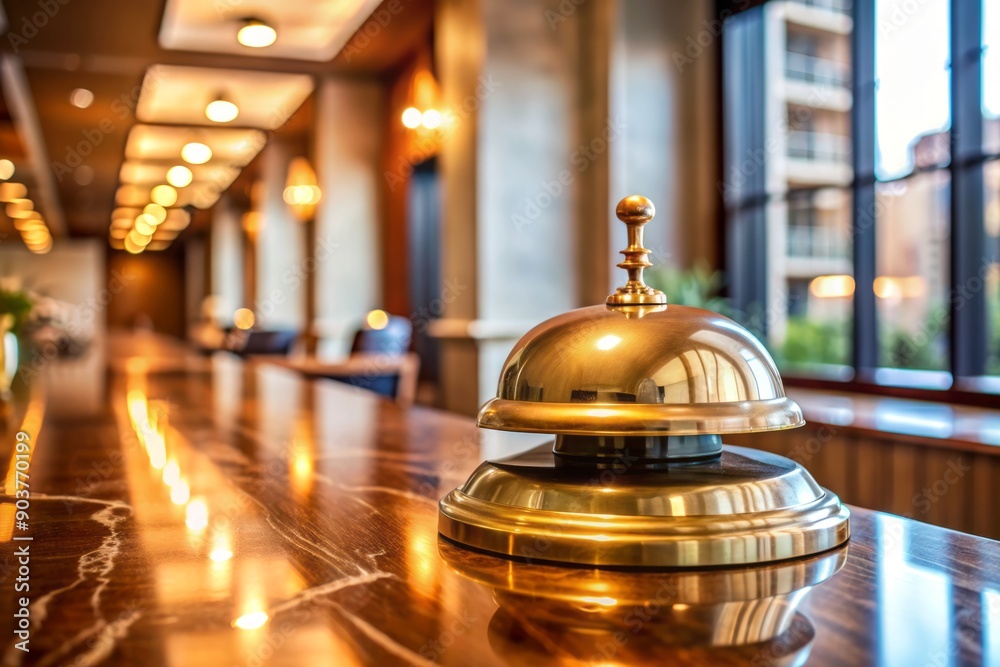 Polished bronze bell with a elegant curved handle on a modern reception ...