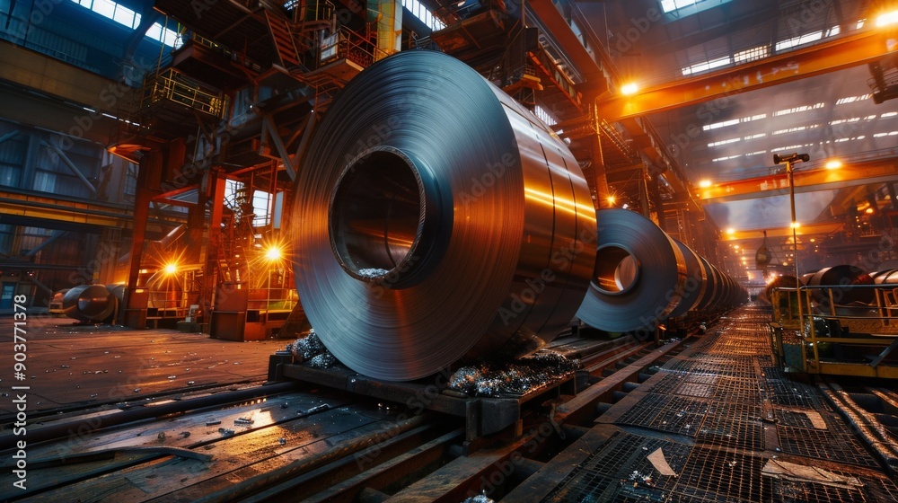 Steel industry with a giant roll of steel being processed in a massive ...