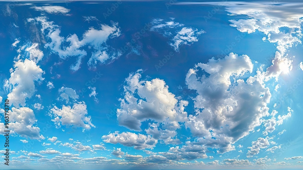 Seamless HDRI 360 panorama view of a bright blue sky dotted with ...