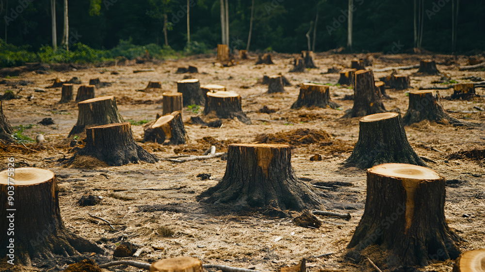 A deforested area shows numerous tree stumps scattered across the ...
