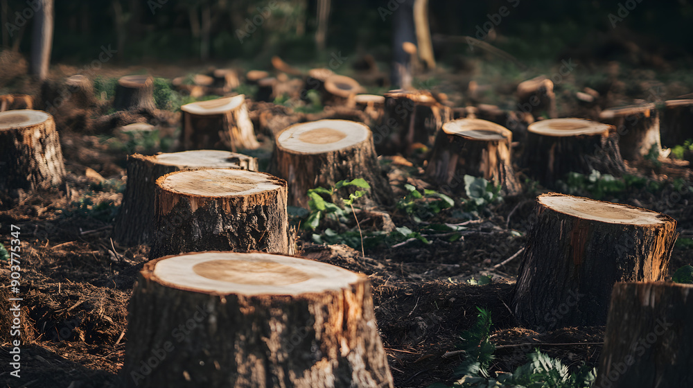 Numerous freshly cut tree stumps are scattered across a forest floor ...