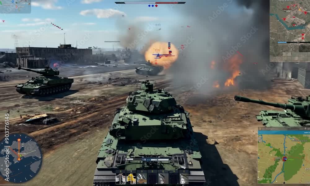 Group of main battle tanks with a city on fire on the background. One ...
