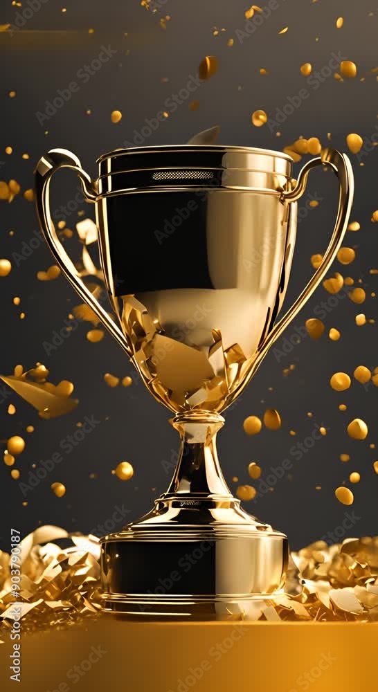 Gold winners sports cup on festive black background with confetti ...