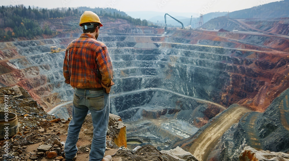 Mining engineer inspecting massive open-pit mine, overseeing the ...