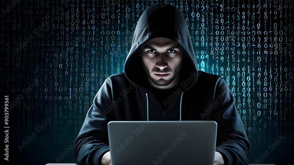 Hacker wearing a black jacket hacking passwords of botnet encryption ...
