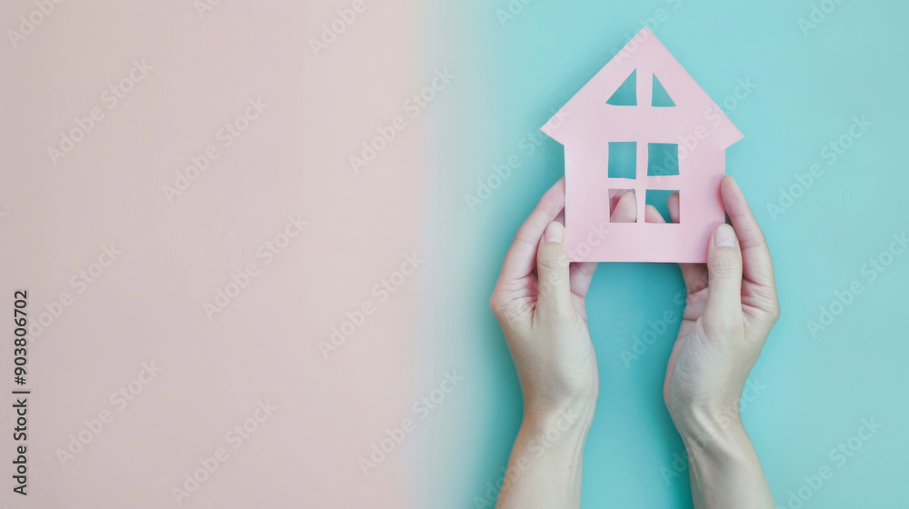 Two hands hold a pink paper cutout of a house against a split pink and ...