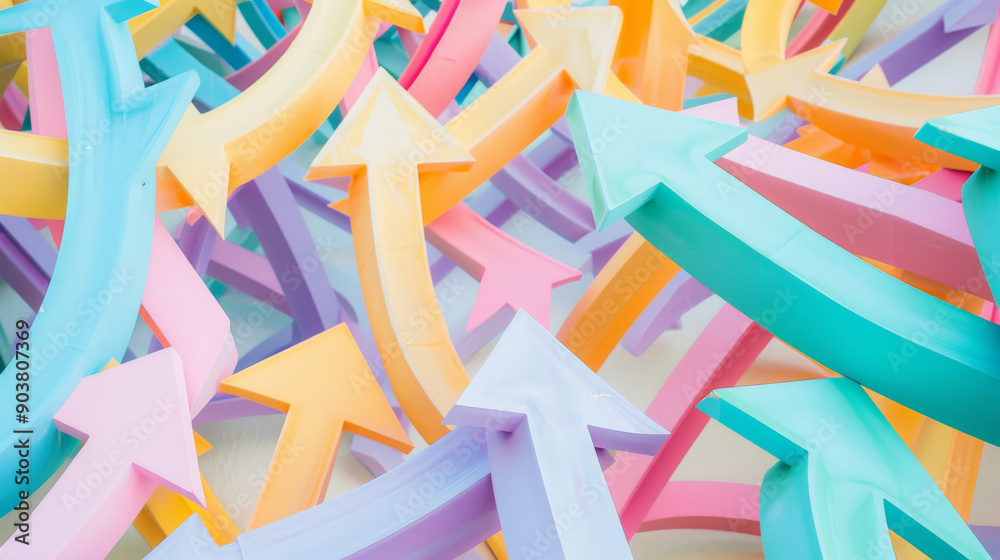 A chaotic cluster of vibrant plastic arrows in various bright colors ...